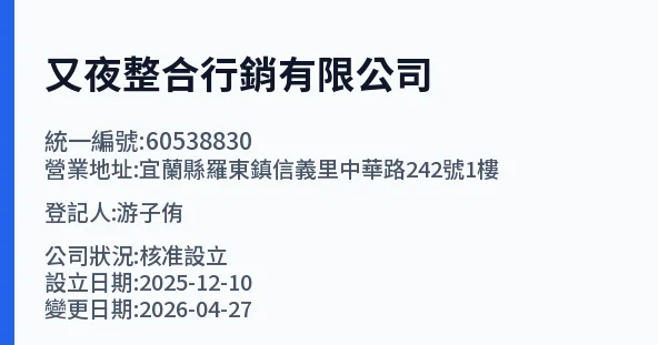 又夜整合行銷有限公司的照片-統編 60538830(宜蘭縣) 公司登記資料與營業項目詳細圖表