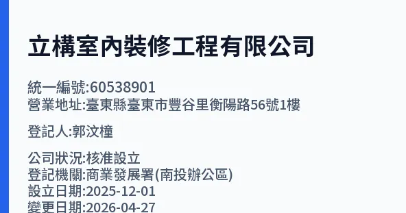 立構室內裝修工程有限公司的照片-統編 60538901(臺東縣) 公司登記資料與營業項目詳細圖表