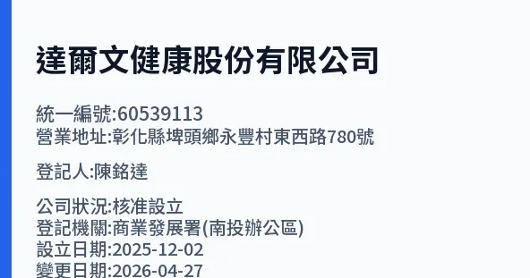 達爾文健康股份有限公司的照片-統編 60539113(彰化縣) 公司登記資料與營業項目詳細圖表