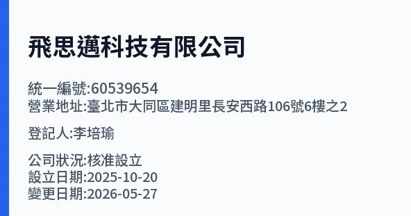 飛思邁科技有限公司的照片-統編 60539654(臺北市) 公司登記資料與營業項目詳細圖表
