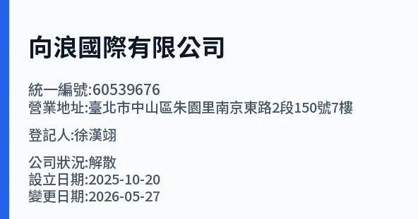 向浪國際有限公司的照片-統編 60539676(臺北市) 公司登記資料與營業項目詳細圖表