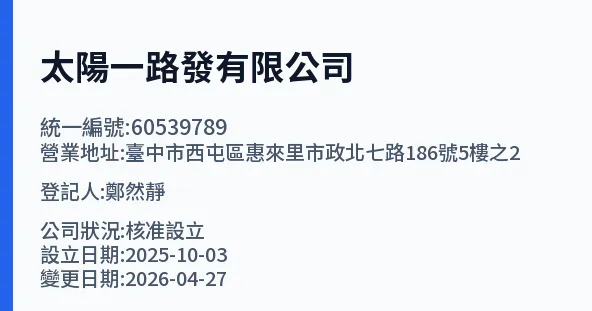 太陽一路發有限公司的照片-統編 60539789(臺中市) 公司登記資料與營業項目詳細圖表