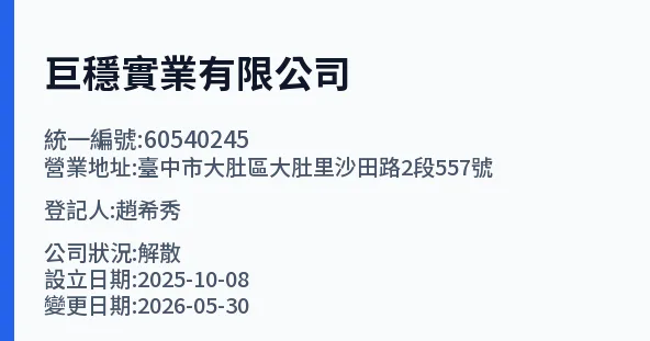 巨穩實業有限公司的照片-統編 60540245(臺中市) 公司登記資料與營業項目詳細圖表