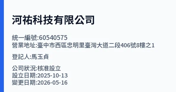 河祐科技有限公司的照片-統編 60540575(臺中市) 公司登記資料與營業項目詳細圖表