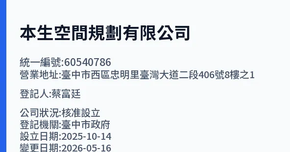 本生空間規劃有限公司的照片-統編 60540786(臺中市) 公司登記資料與營業項目詳細圖表