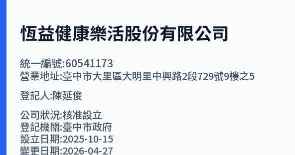 恆益健康樂活股份有限公司的照片-統編 60541173(臺中市) 公司登記資料與營業項目詳細圖表