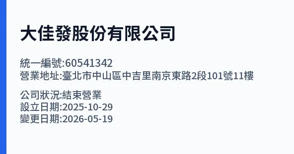 大佳發股份有限公司的照片-統編 60541342(臺北市) 公司登記資料與營業項目詳細圖表