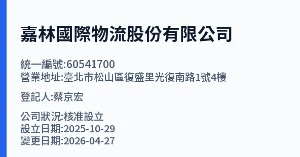 嘉林國際物流股份有限公司的照片-統編 60541700(臺北市) 公司登記資料與營業項目詳細圖表