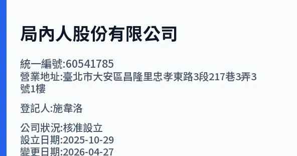 局內人股份有限公司的照片-統編 60541785(臺北市) 公司登記資料與營業項目詳細圖表