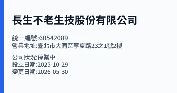 長生不老生技股份有限公司的照片-統編 60542089(臺北市) 公司登記資料與營業項目詳細圖表