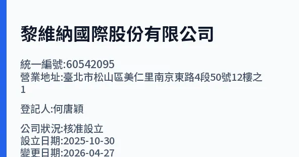 黎維納國際股份有限公司的照片-統編 60542095(臺北市) 公司登記資料與營業項目詳細圖表