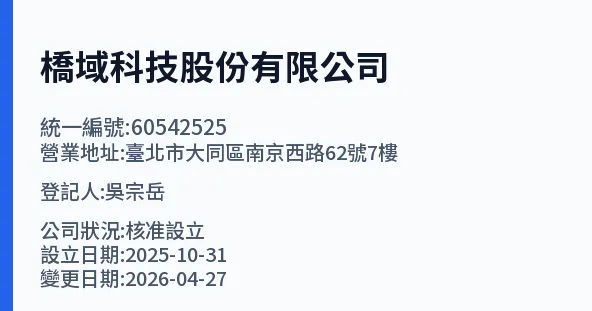 橋域科技股份有限公司的照片-統編 60542525(臺北市) 公司登記資料與營業項目詳細圖表