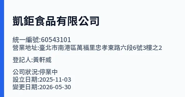 凱鉅食品有限公司的照片-統編 60543101(臺北市) 公司登記資料與營業項目詳細圖表
