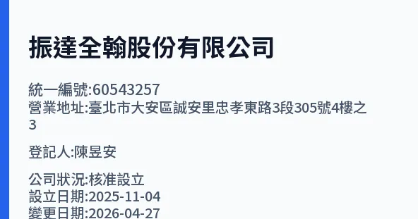 振達全翰股份有限公司的照片-統編 60543257(臺北市) 公司登記資料與營業項目詳細圖表