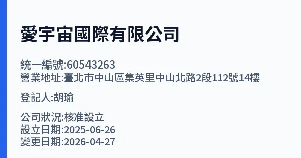 愛宇宙國際有限公司的照片-統編 60543263(臺北市) 公司登記資料與營業項目詳細圖表