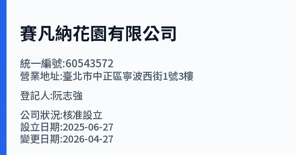 賽凡納花園有限公司的照片-統編 60543572(臺北市) 公司登記資料與營業項目詳細圖表