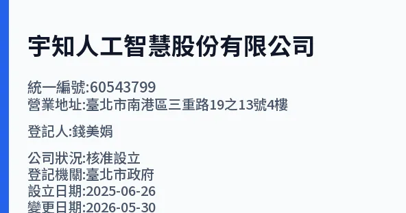 宇知人工智慧股份有限公司的照片-統編 60543799(臺北市) 公司登記資料與營業項目詳細圖表