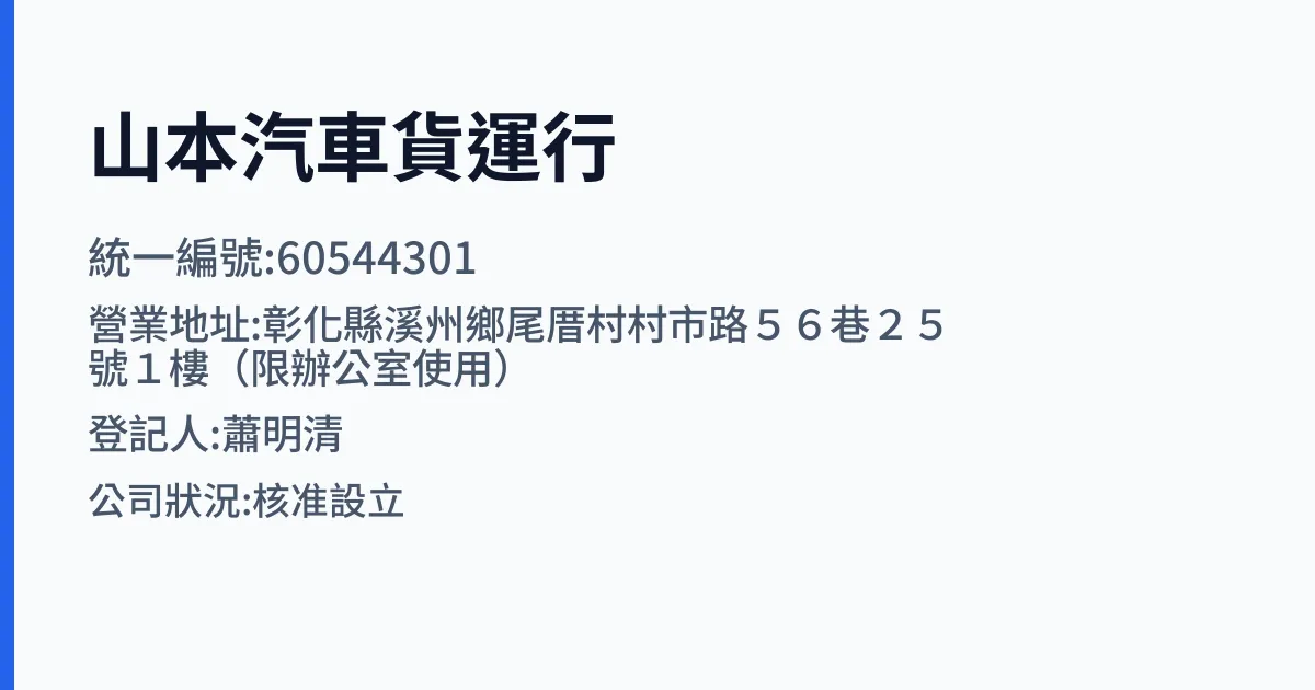 山本汽車貨運行 - 統編 60544301(彰化縣) 公司登記資料與營業項目詳細圖表