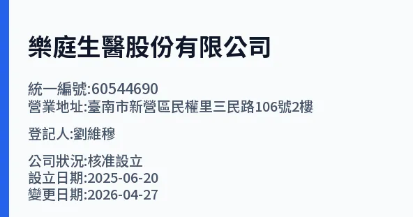 樂庭生醫股份有限公司的照片-統編 60544690(臺南市) 公司登記資料與營業項目詳細圖表