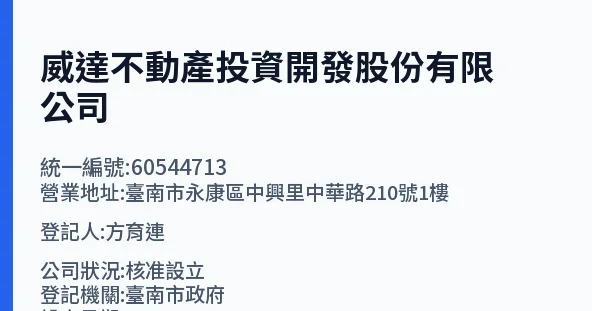 威達不動產投資開發股份有限公司的照片-統編 60544713(臺南市) 公司登記資料與營業項目詳細圖表