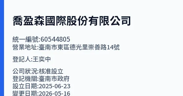 喬盈森國際股份有限公司的照片-統編 60544805(臺南市) 公司登記資料與營業項目詳細圖表