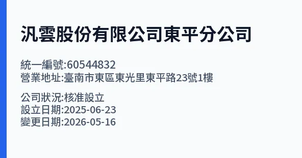 汎雲股份有限公司東平分公司的照片-統編 60544832(臺南市) 公司登記資料與營業項目詳細圖表