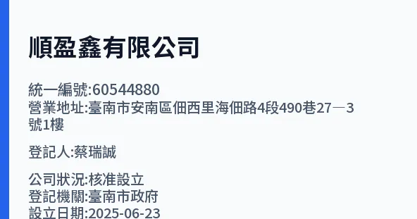 順盈鑫有限公司的照片-統編 60544880(臺南市) 公司登記資料與營業項目詳細圖表