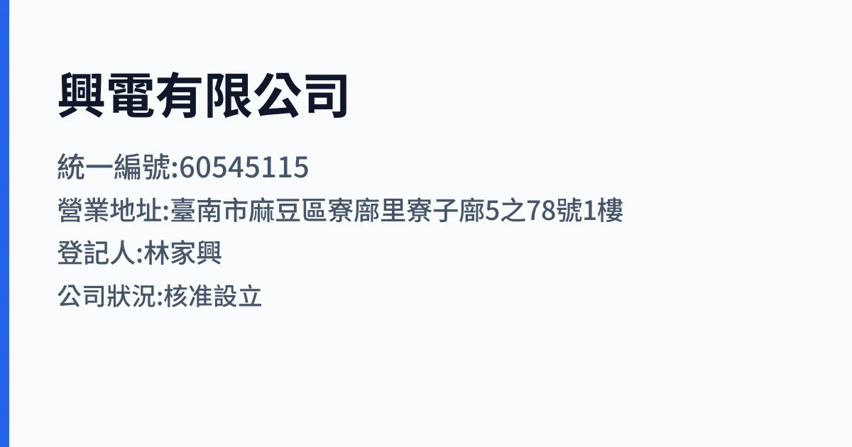 興電有限公司 - 統編 60545115(臺南市) 公司登記資料與營業項目詳細圖表