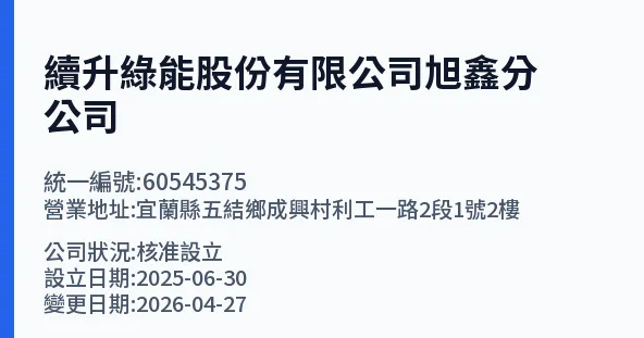 續升綠能股份有限公司旭鑫分公司的照片-統編 60545375(宜蘭縣) 公司登記資料與營業項目詳細圖表