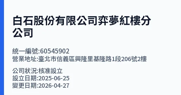 白石股份有限公司弈夢紅樓分公司的照片-統編 60545902(臺北市) 公司登記資料與營業項目詳細圖表