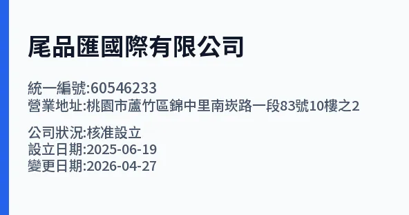 尾品匯國際有限公司的照片-統編 60546233(桃園市) 公司登記資料與營業項目詳細圖表