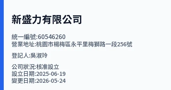 新盛力有限公司的照片-統編 60546260(桃園市) 公司登記資料與營業項目詳細圖表