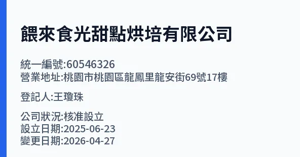 餵來食光甜點烘培有限公司的照片-統編 60546326(桃園市) 公司登記資料與營業項目詳細圖表