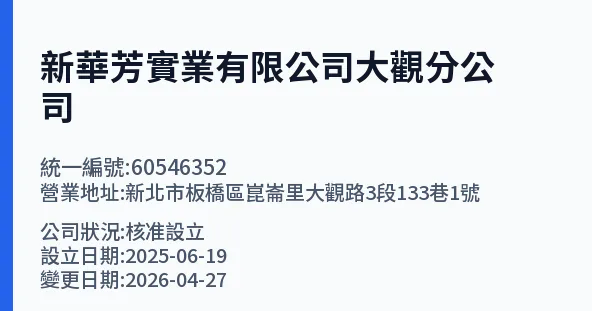 新華芳實業有限公司大觀分公司的照片-統編 60546352(新北市) 公司登記資料與營業項目詳細圖表