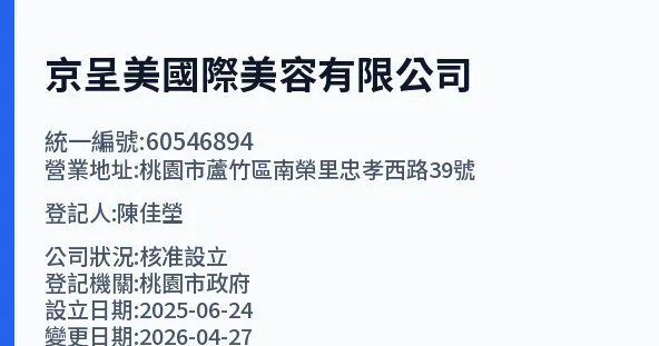 京呈美國際美容有限公司的照片-統編 60546894(桃園市) 公司登記資料與營業項目詳細圖表