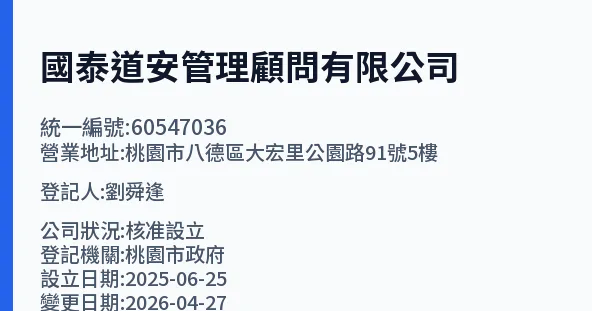 國泰道安管理顧問有限公司的照片-統編 60547036(桃園市) 公司登記資料與營業項目詳細圖表