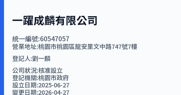 一躍成麟有限公司的照片-統編 60547057(桃園市) 公司登記資料與營業項目詳細圖表