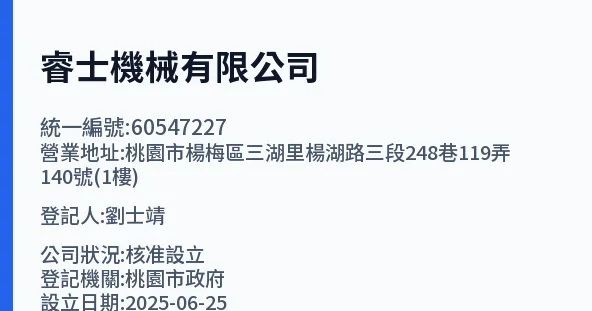 睿士機械有限公司的照片-統編 60547227(桃園市) 公司登記資料與營業項目詳細圖表