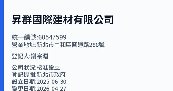 昇群國際建材有限公司的照片-統編 60547599(新北市) 公司登記資料與營業項目詳細圖表