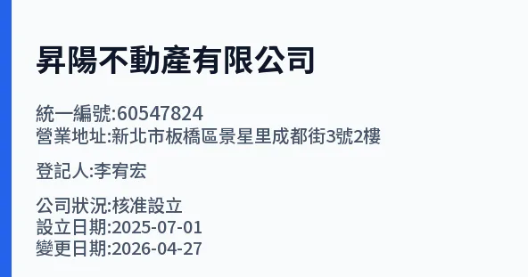 昇陽不動產有限公司的照片-統編 60547824(新北市) 公司登記資料與營業項目詳細圖表