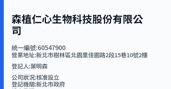 森植仁心生物科技股份有限公司的照片-統編 60547900(新北市) 公司登記資料與營業項目詳細圖表