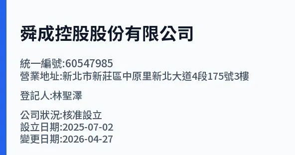 舜成控股股份有限公司的照片-統編 60547985(新北市) 公司登記資料與營業項目詳細圖表