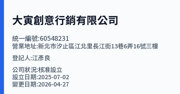 大寅創意行銷有限公司的照片-統編 60548231(新北市) 公司登記資料與營業項目詳細圖表