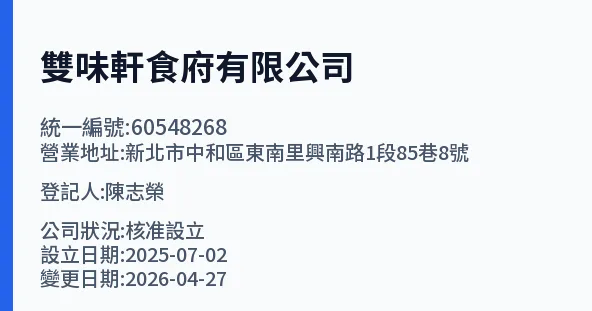 雙味軒食府有限公司的照片-統編 60548268(新北市) 公司登記資料與營業項目詳細圖表