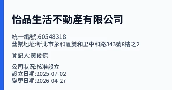 怡品生活不動產有限公司的照片-統編 60548318(新北市) 公司登記資料與營業項目詳細圖表