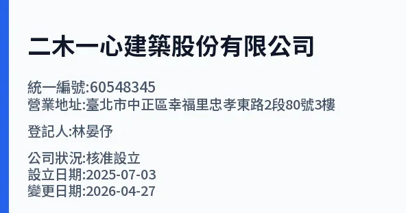 二木一心建築股份有限公司的照片-統編 60548345(臺北市) 公司登記資料與營業項目詳細圖表