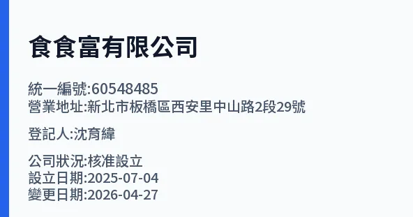 食食富有限公司的照片-統編 60548485(新北市) 公司登記資料與營業項目詳細圖表
