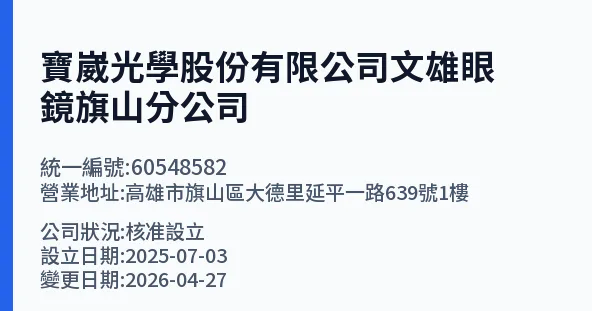 寶崴光學股份有限公司文雄眼鏡旗山分公司的照片-統編 60548582(高雄市) 公司登記資料與營業項目詳細圖表