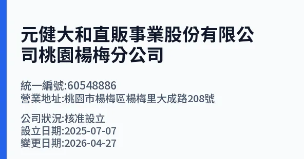 元健大和直販事業股份有限公司桃園楊梅分公司的照片-統編 60548886(桃園市) 公司登記資料與營業項目詳細圖表