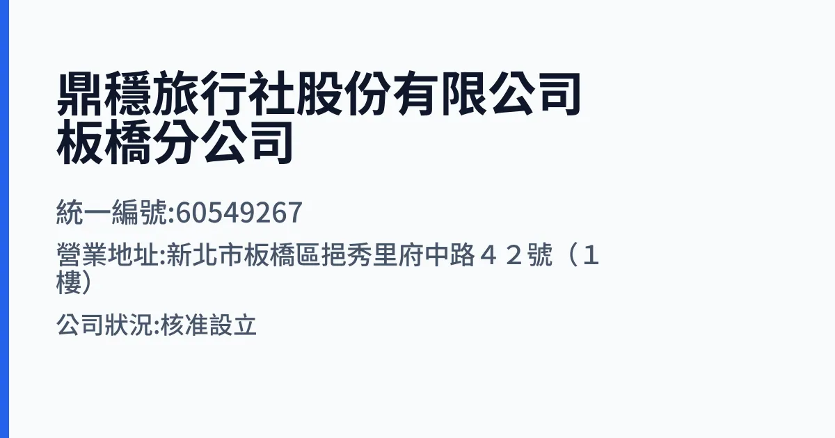 鼎穩旅行社股份有限公司板橋分公司 - 統編 60549267(新北市) 公司登記資料與營業項目詳細圖表